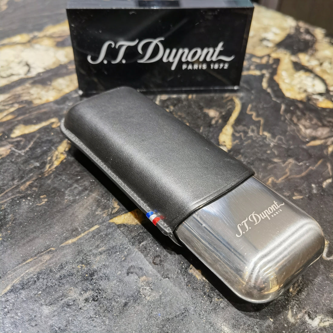 S.T. Dupont Chrome + Black Leather Double Cigar Case – Double Bay Cigar ...